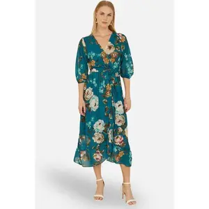 YUMI Watercolour Dip Hem Midi Wrap Dress - Teal