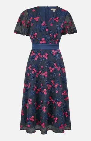 YUMI Floral Mesh Wrap Midi Skater Dress