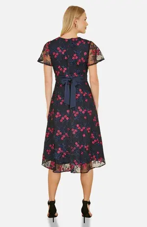 YUMI Floral Mesh Wrap Midi Skater Dress