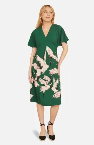 YUMI Crane Print Midi Dress Green