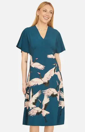 YUMI Crane Print Midi Dress - Teal