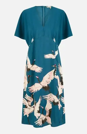 YUMI Crane Print Midi Dress - Teal