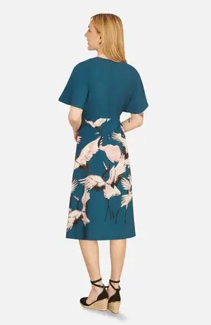 YUMI Crane Print Midi Dress - Teal