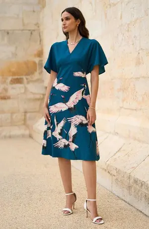 YUMI Crane Print Midi Dress - Teal