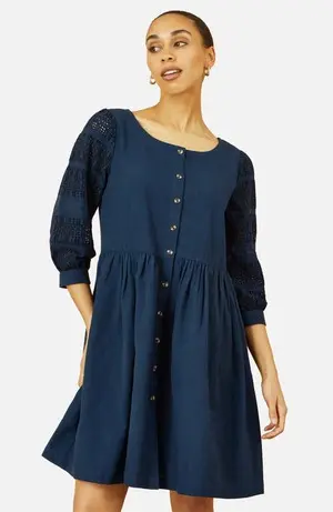 YUMI Broderie Anglaise Puff Sleeve Tunic Dress - Navy