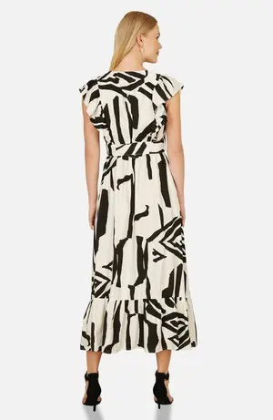 YUMI Abstract Print V-neck Midi Dress With Frill Sleeves And Belt