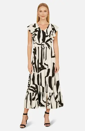 YUMI Abstract Print V-neck Midi Dress With Frill Sleeves And Belt - Beige