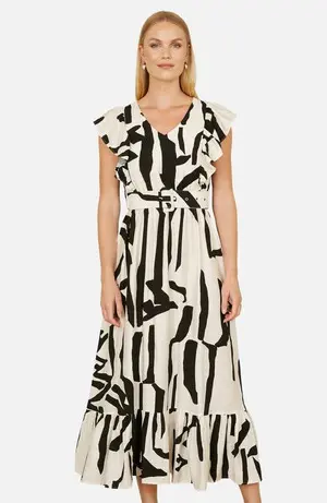 YUMI Abstract Print V-neck Midi Dress With Frill Sleeves And Belt
