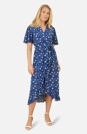 YUMI Frilled-hem Wrap Midi Dress - Blue