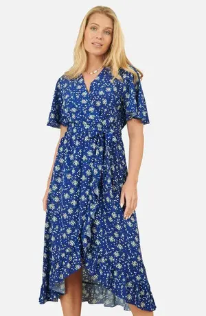 YUMI Frilled-hem Wrap Midi Dress - Blue