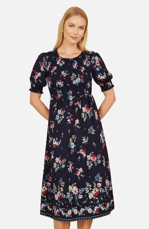 YUMI Smocked Bodice Floral Midi Dress
