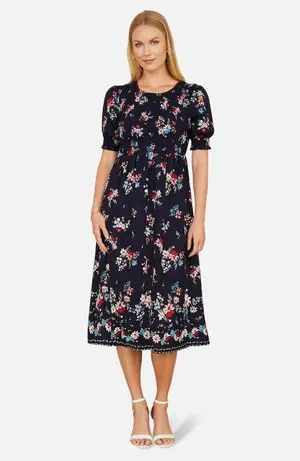 YUMI Smocked Bodice Floral Midi Dress - Navy