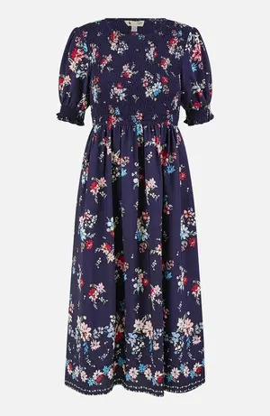YUMI Smocked Bodice Floral Midi Dress