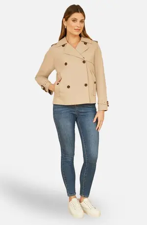 YUMI Cropped Trench Jacket With Pockets - Beige