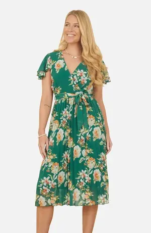 YUMI Pleated Floral Tie-waist Wrap Midi Dress - Green