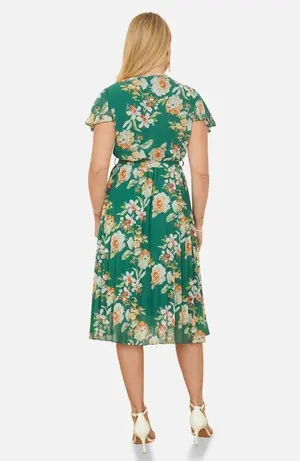 YUMI Pleated Floral Tie-waist Wrap Midi Dress - Green
