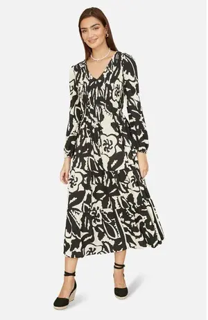 YUMI Abstract Print Ruched V-neck Midi Dress - Black