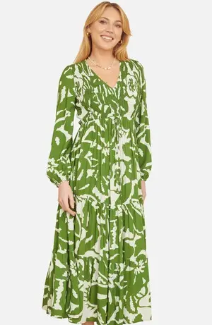 YUMI Abstract Print Ruched V-neck Midi Dress - Green