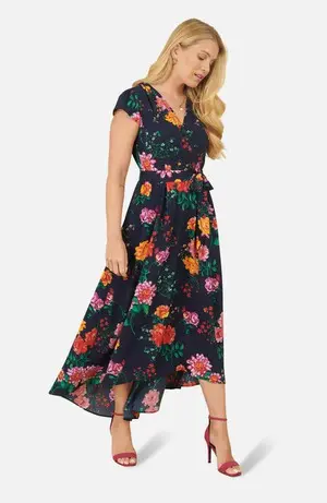 YUMI Flower Print Wrap Midi Dress