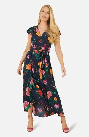 YUMI Flower Print Wrap Midi Dress - Navy