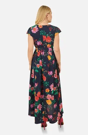 YUMI Flower Print Wrap Midi Dress - Navy