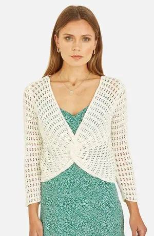 YUMI Crochet Cotton Twisted Bolero Cardigan - Ivory