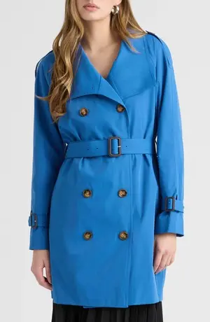 NVLT Belted Double Breasted Trench Coat - Denim Blue