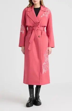 NVLT Embroidered Belted Trench Coat - Pitaya Red