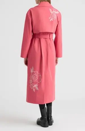 NVLT Embroidered Belted Trench Coat - Pitaya Red