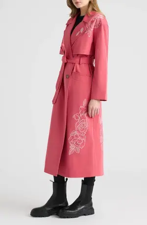 NVLT Embroidered Belted Trench Coat - Pitaya Red