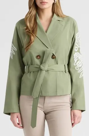 NVLT Embroidered Belted Crop Trench Coat - Khaki Green