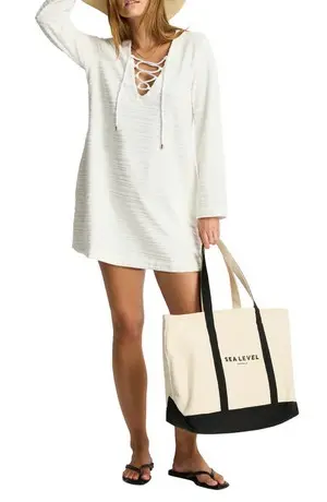 SEA LEVEL Jacquard Stripe Long Sleeve Lace-up Cotton Terry Cover-up Minidress - White
