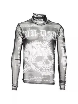 LỰU ĐẠN Skull Print Long Sleeve Mesh Top