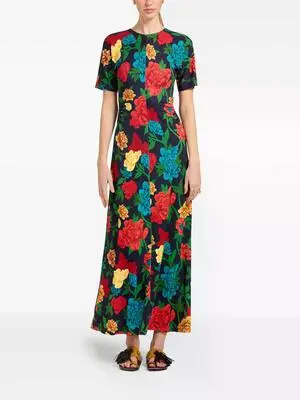 La DoubleJ Floral Ruched Punto Milano Dress - Blue