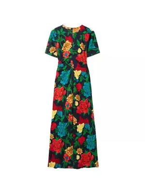 La DoubleJ Floral Ruched Punto Milano Dress - Blue