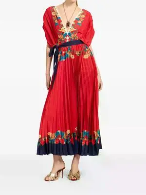 La DoubleJ Floral Print Pleated Midi Dress - Red
