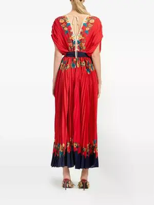 La DoubleJ Floral Print Pleated Midi Dress - Red