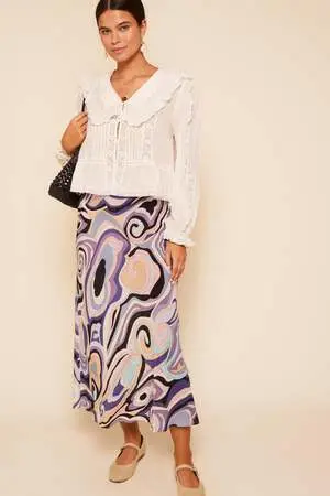 Rixo Kelly Marble Ocean Printed Silk Midi Skirt