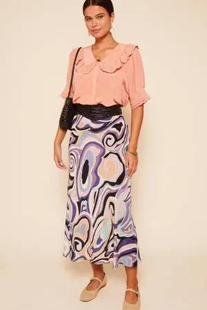 Rixo Kelly Marble Ocean Printed Silk Midi Skirt