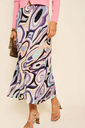 Rixo Kelly Marble Ocean Printed Silk Midi Skirt
