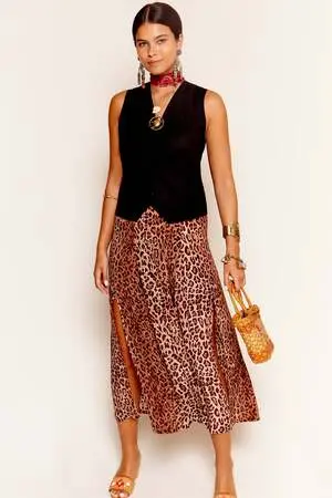 Rixo Pleated Silk Midi Skirt