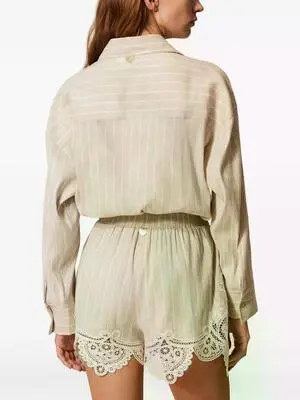 TWINSET Linen Blend Jacquard Shorts With Lace Hem - Neutrals