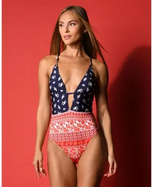 SUNSHINE 79 Floral And Striped V-plunge One-piece Swimsuit