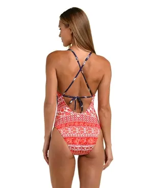 SUNSHINE 79 Floral And Striped V-plunge One-piece Swimsuit