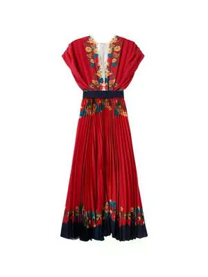 La DoubleJ Floral Print Pleated Dress - Red