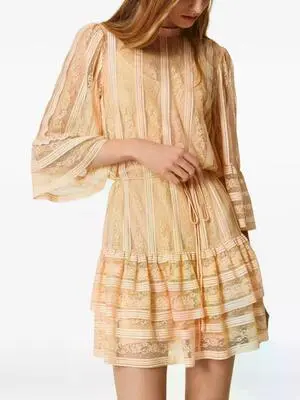 TWINSET Short Striped Lace Dress With Belt