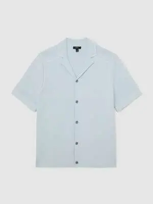 REISS Wandsworth Stitch-detail Cuban-collar Knit Shirt - Soft Blue
