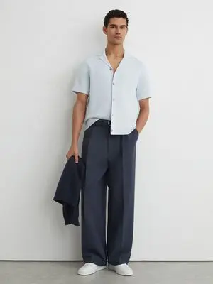 REISS Wandsworth Stitch-detail Cuban-collar Knit Shirt - Soft Blue