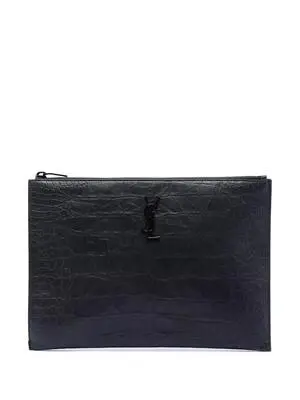 Saint Laurent Croc Embossed Monogram Document Holder - Black