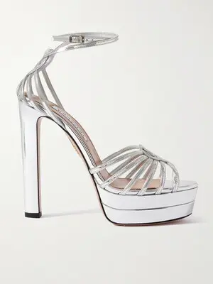 AQUAZZURA Sweetheart 130 Metallic Leather Platform Sandals - Silver